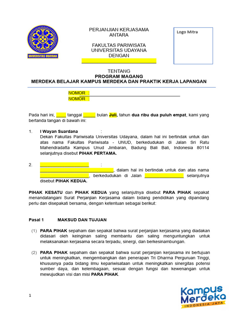 Draft Perjanjian Kerjasama MBKM Untuk Usaha Pariwisata Atau Swasta 2024 ...