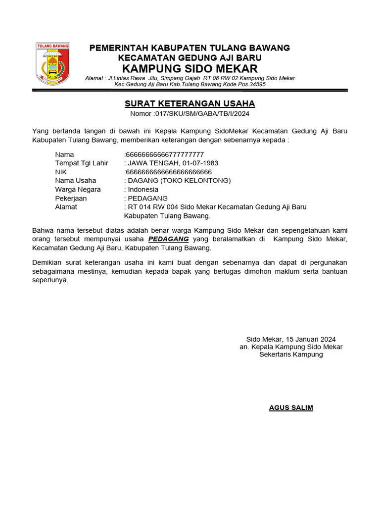 SURAT KETERANGAN USAHA UMI ZUHRIYAH BULAN JANUARI 2024 PDF