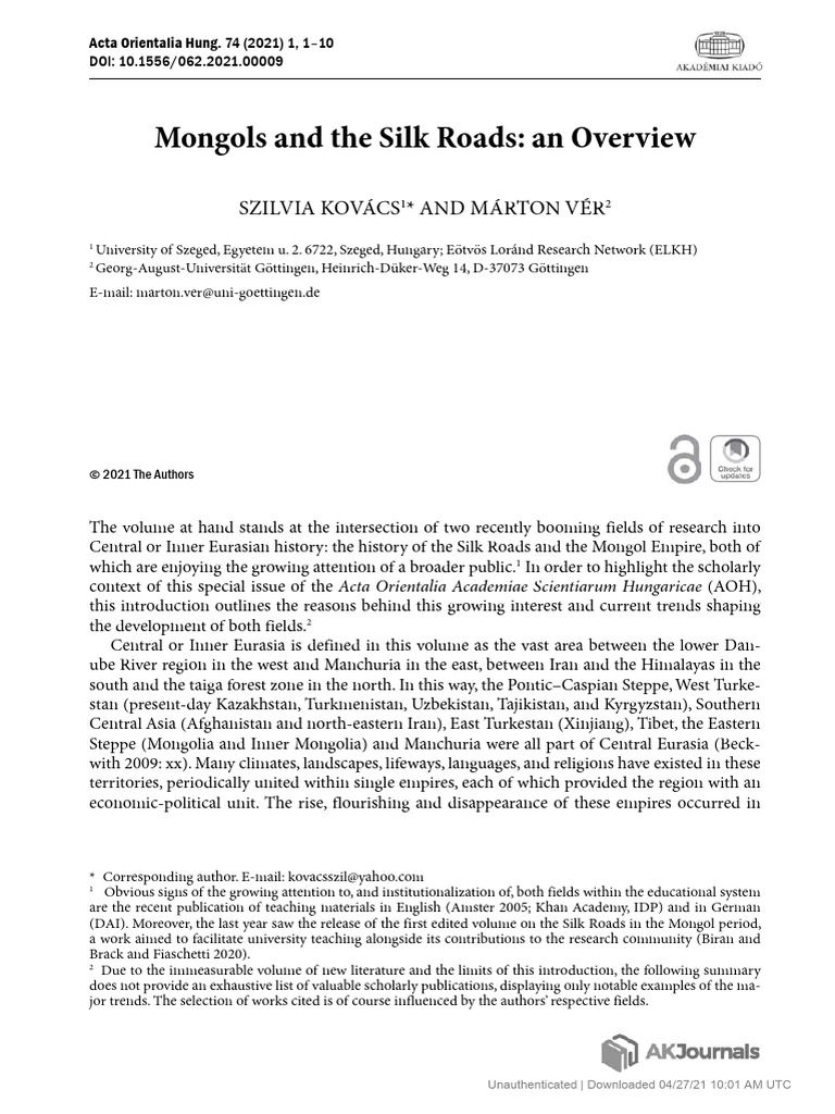 Acta Orientalia Academiae Scientiarum Hungaricae] Mongols and the Silk Roads_ an Overview | PDF ...