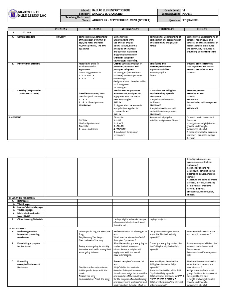 DLL_MAPEH 6_Q1_W1 | PDF