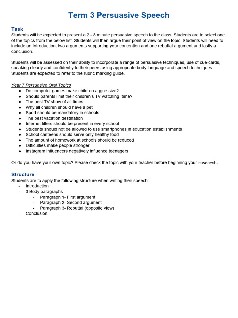 Term 3 - Year 7 Persuasive Speech Assessment Booklet | PDF