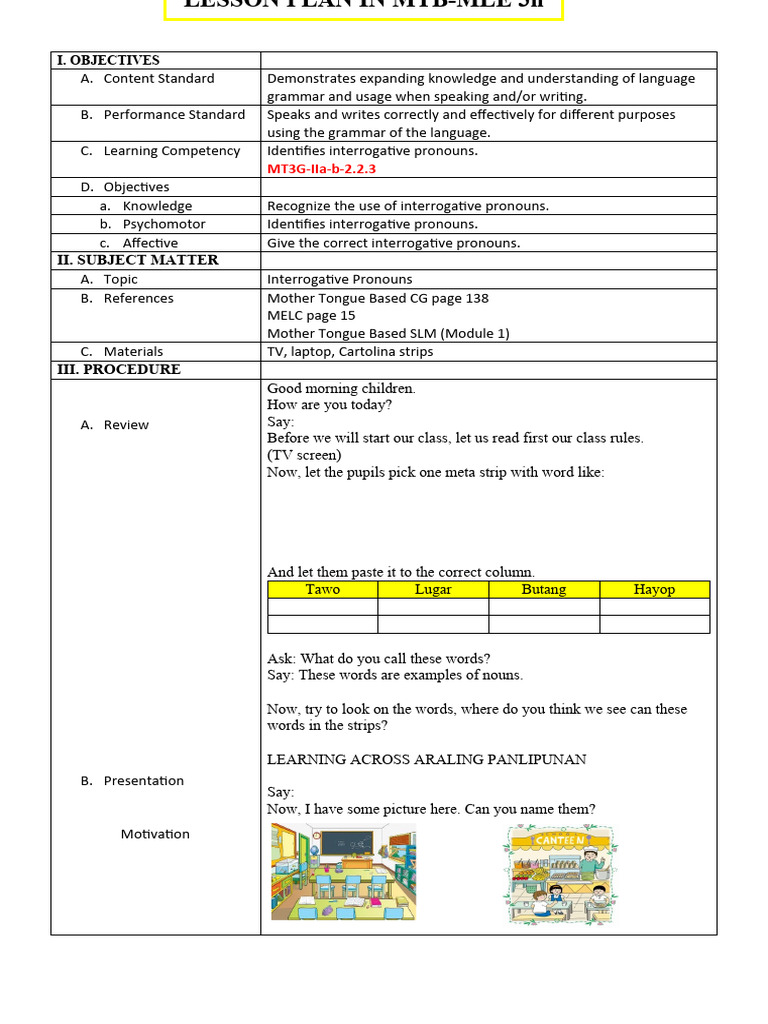 CO 1 Lesson Plan in MTB | PDF