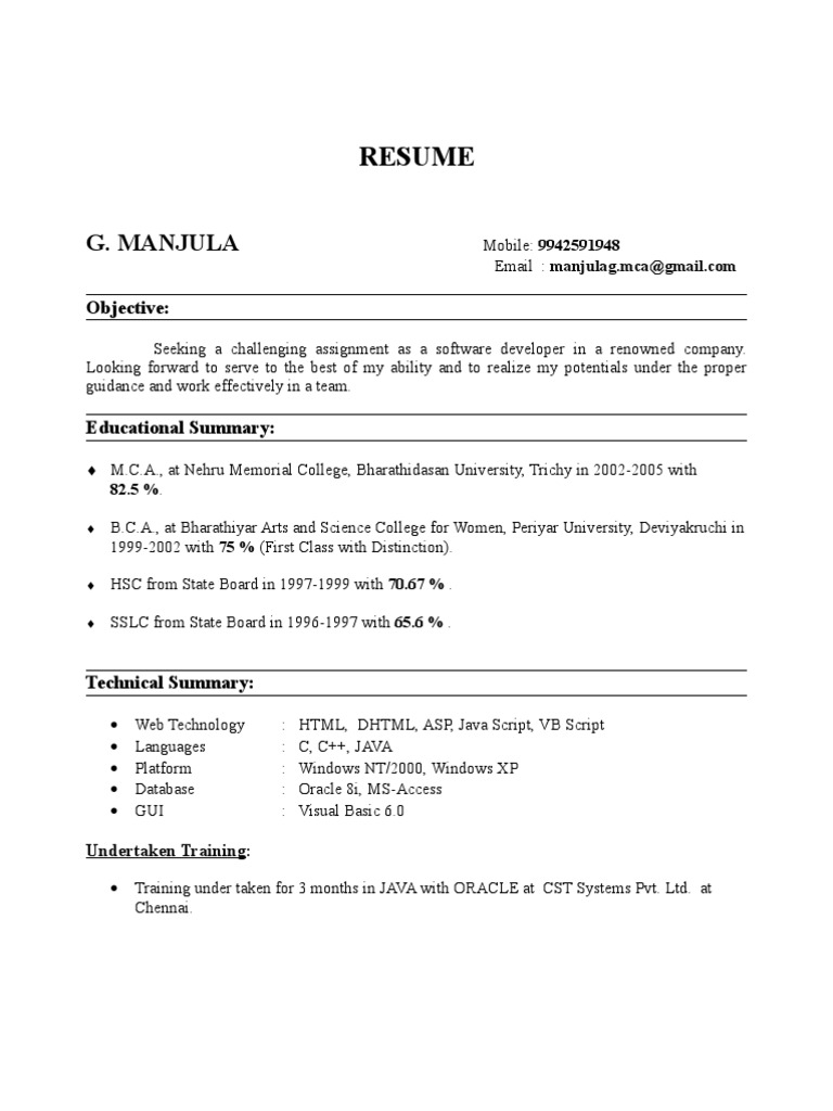Resume: G. Manjula | PDF | Java (Programming Language) | Microsoft Windows