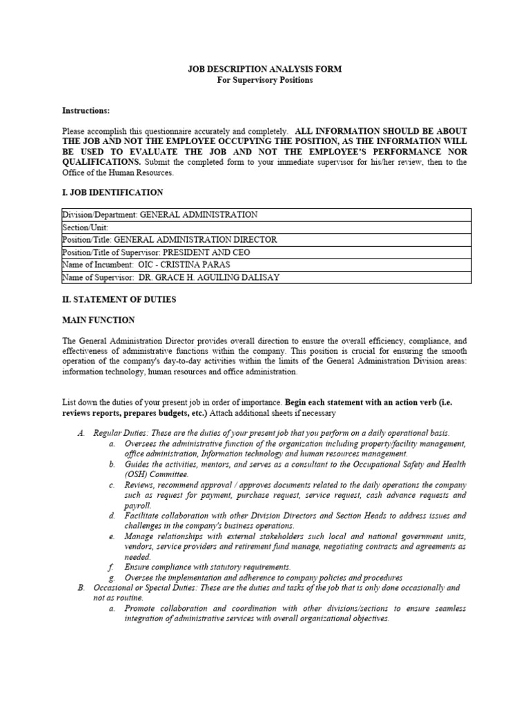 JOB DESCRIPTION ANALYSIS FORM SUP - GenAd Director | PDF