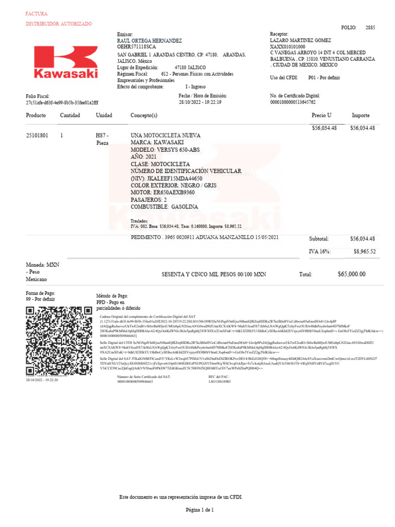 Factura Kawasaki | PDF