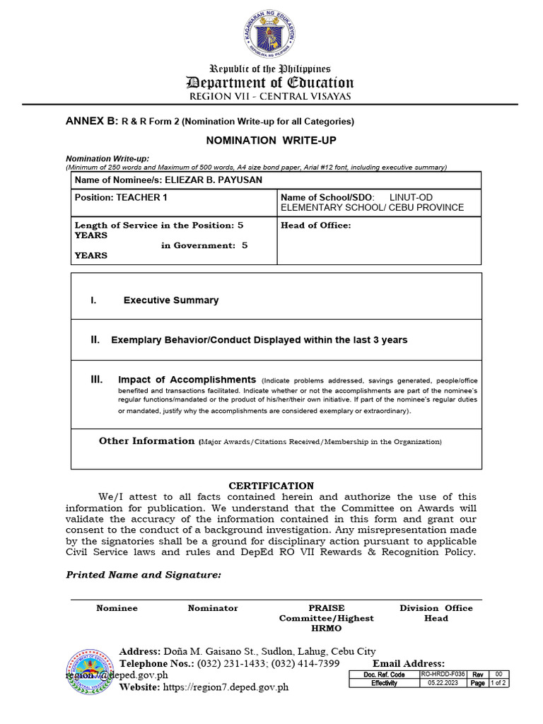 Pasidungog Nomination Form 2 Executive Summary | PDF | Government | Justice