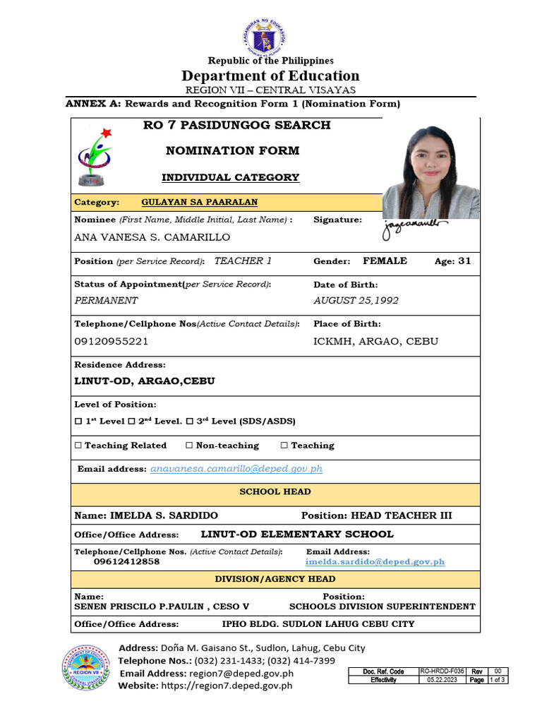 GULAYAN Pasidungog Nomination Form 1 Nomination Form | PDF