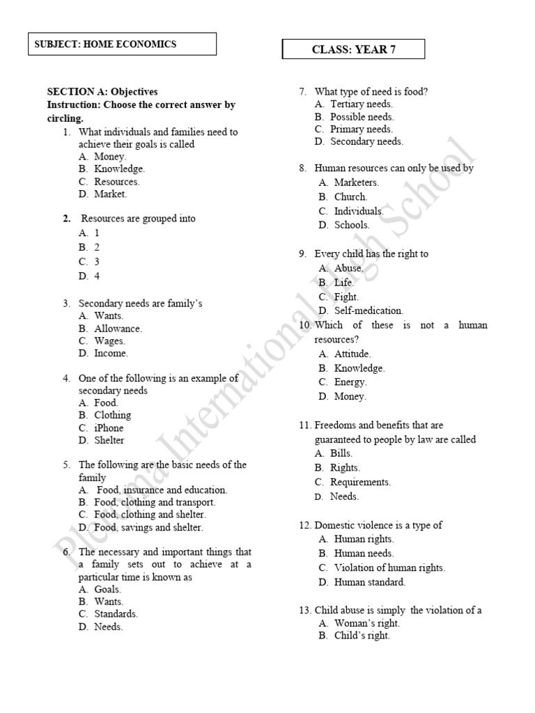 Home Economics Quiz: Needs and Resources | PDF