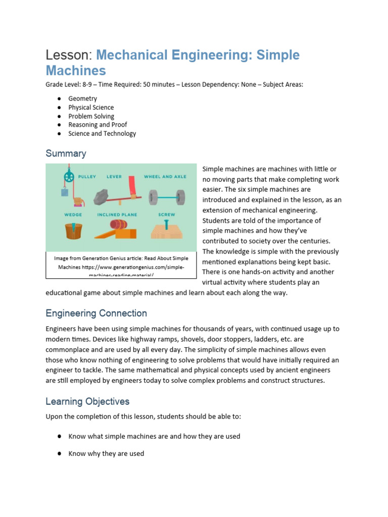 Lesson-Mechanical-Engineering-Simple-Machines | PDF