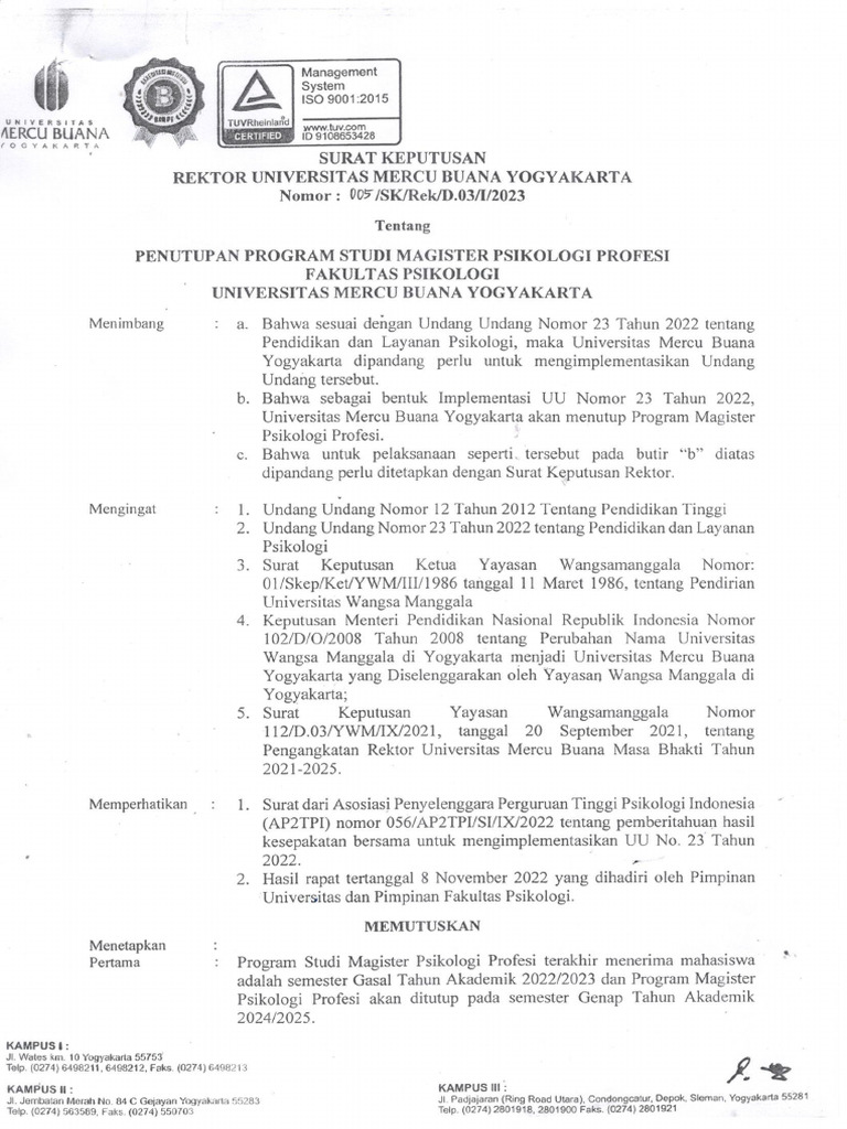 SK Penutupan Program Studi Magister Psikologi Profesi 2023 | PDF