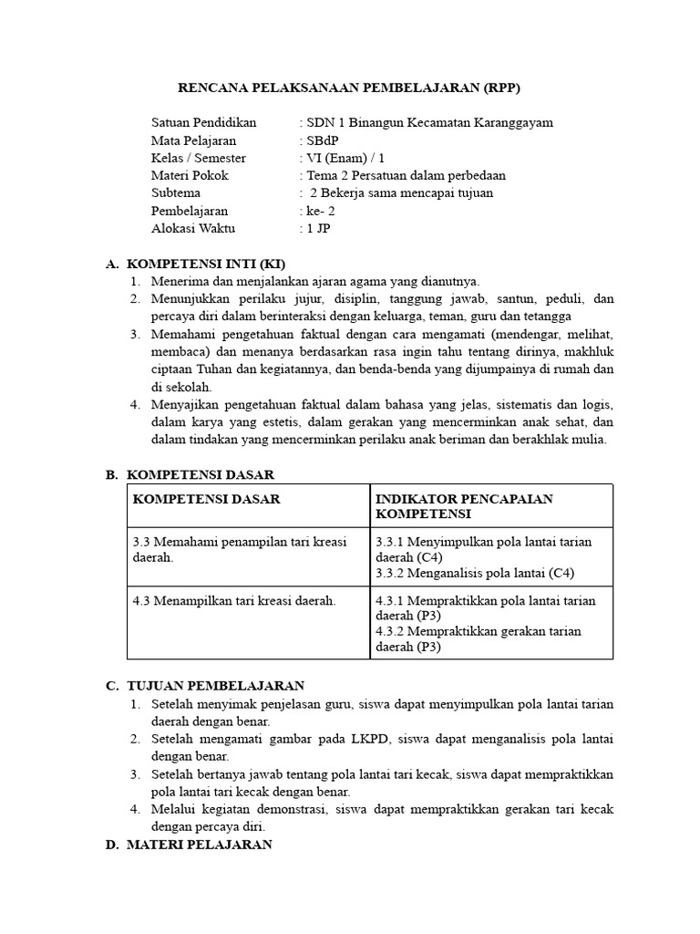 Rencana Pelaksanaan Pembelajaran (RPP) Kelas 6 Tema 2 Subtema 2 Pembelajaran 2 | PDF