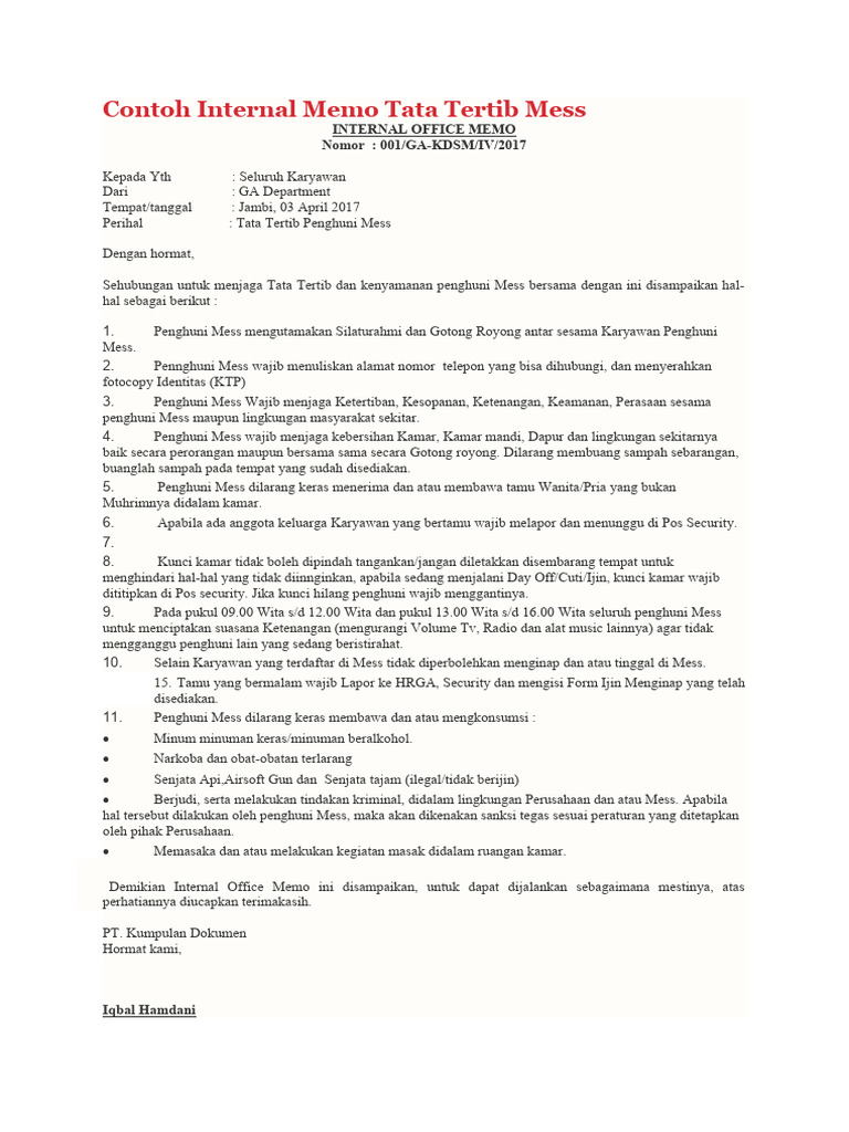 Contoh Internal Memo Tata Tertib Mess | PDF