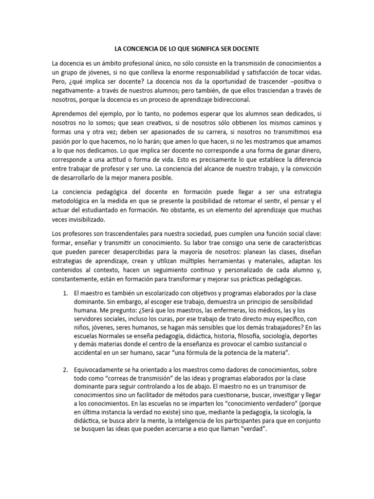 La Conciencia de Lo Que Significa Ser Docente | PDF