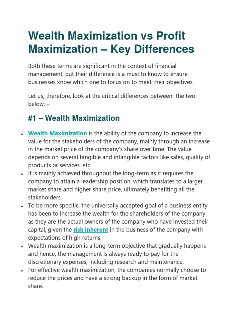 Profit Vs Wealth | PDF | Profit (Economics) | Risk
