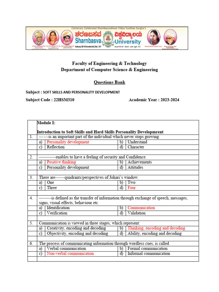 Soft Skills & Personality Development Quiz | PDF | Career & Growth ...