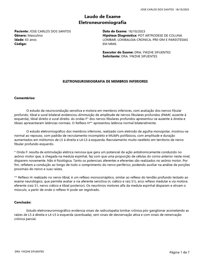 Laudo De Eletroneuromiografia Pdf Nervo Tecido Biologia