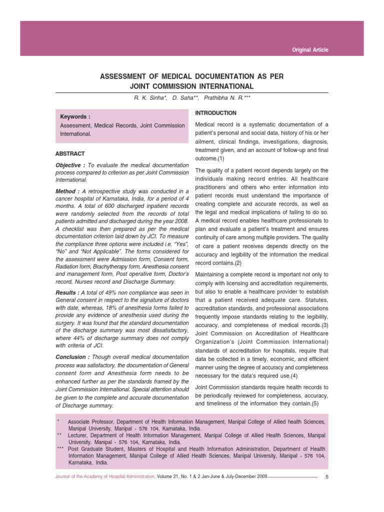 2009 - Assessment of Medical Documentation As Per Joint Commission International - AHA | PDF