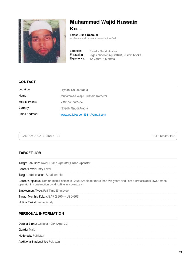 Cv39774421 Muhammad Wajid Hussain - Kareemi Tower-Crane-Operatorcrane-Op | PDF