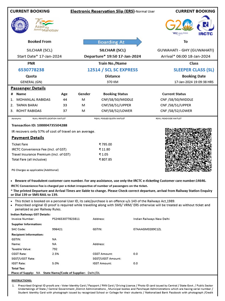 SCL SC Express Sleeper Class (SL) : Current Booking Electronic Reserva ...