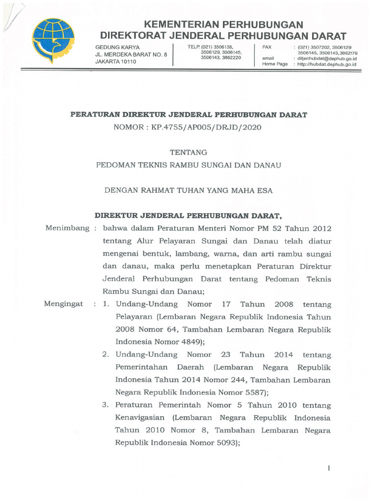 Perdirjen KP.4755AP005DRJD2020 Tentang Pedoman Teknis Rambu Sungai Dan ...