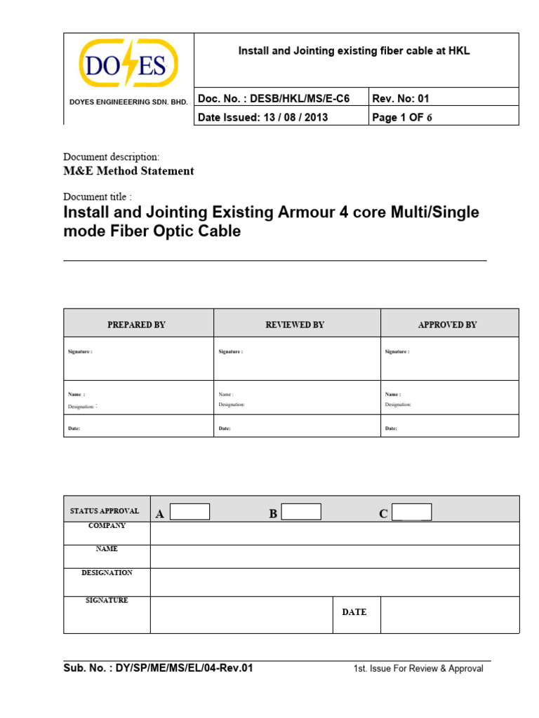 Method Statement Jointing Fiber Cable | PDF