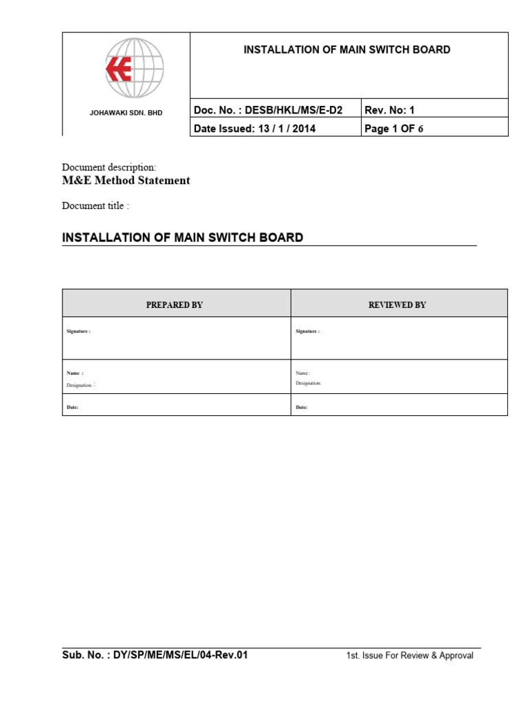Method Statement-Installation of Main Switch Board (Rev1) | PDF ...
