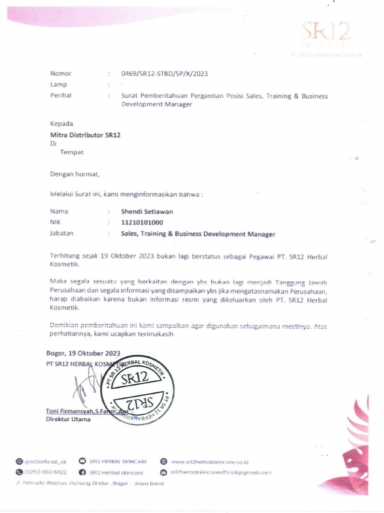0469 - Surat Pemberitahuan Pergantian Posisi Sales, Training & Business Development Manager | PDF