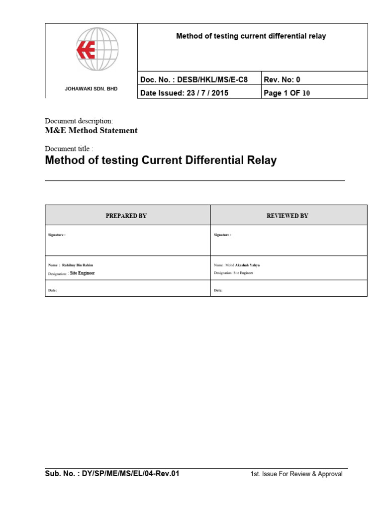 Method Statement Testing Current Differential Relay Pdf Relay