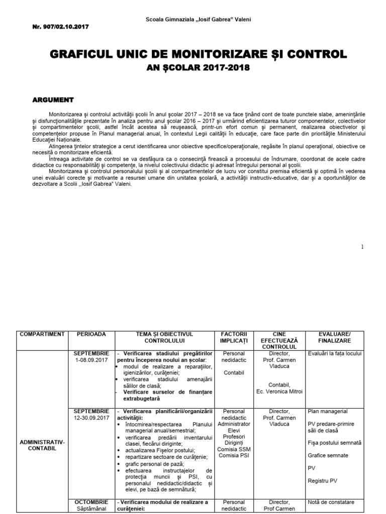 Grafic Monitorizare Si Control 2017 2018 | PDF