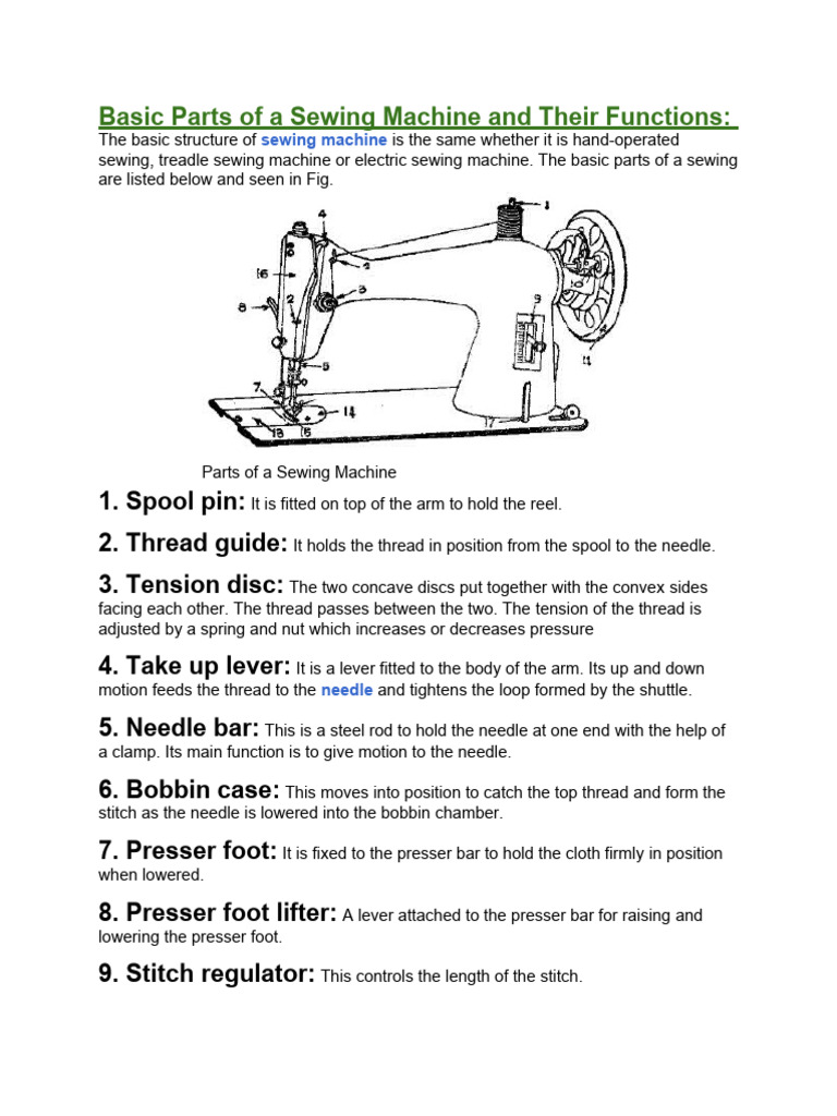 Basic Parts of A Sewing Machine and Their Functions | PDF | Sewing ...