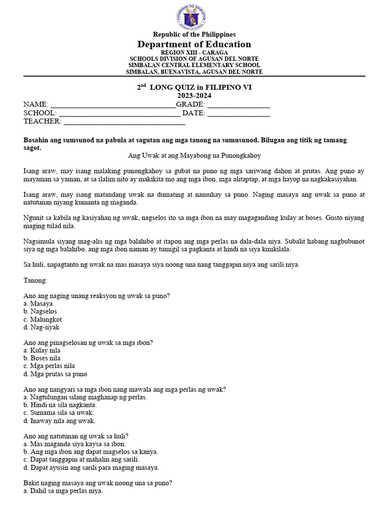 Filipino Long Quiz Pabula Pantangi at Pambalana | PDF