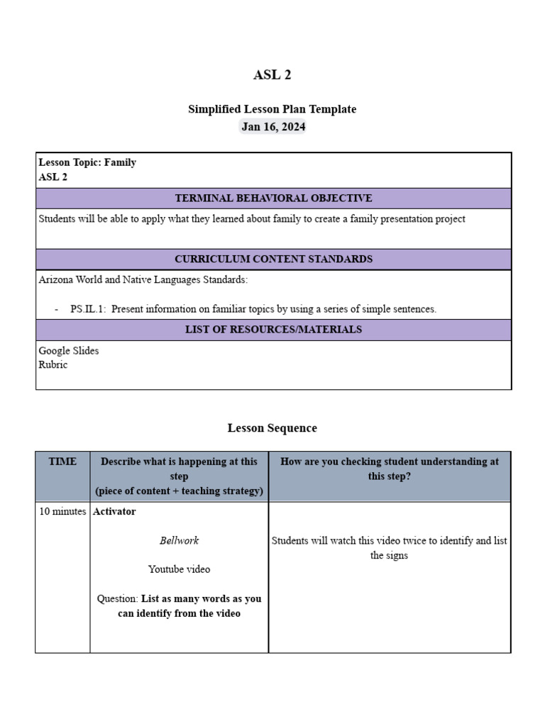 Lesson Plans - ASL 2 | PDF