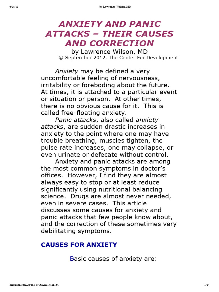 Anxiety & Panic Attacks Causes and Remedies by Lawrence Wilson, MD | PDF