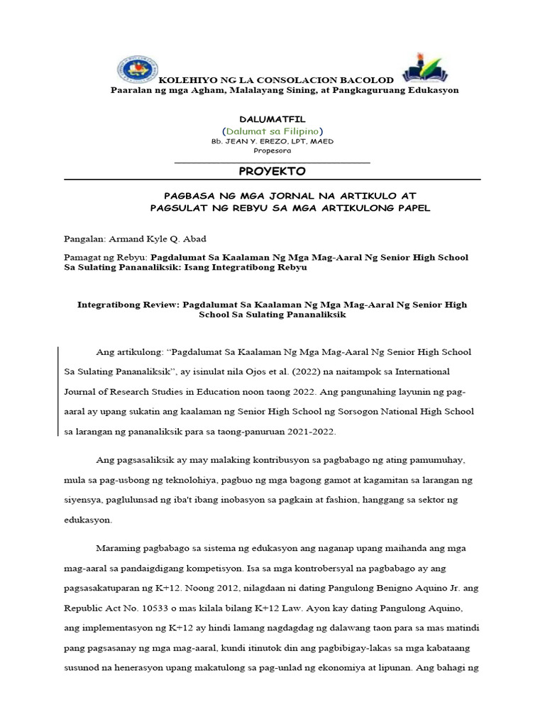 Proyekto sa Filipino Sample; Student | PDF