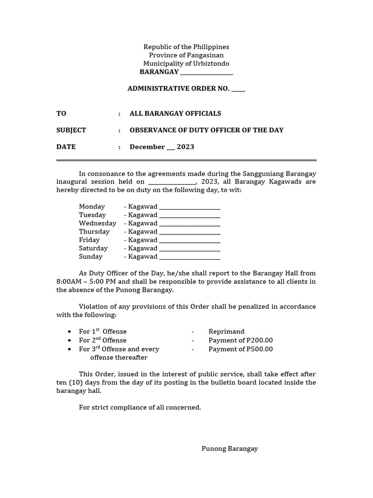 1 Administrative Order For Duty Officer of The Day | PDF