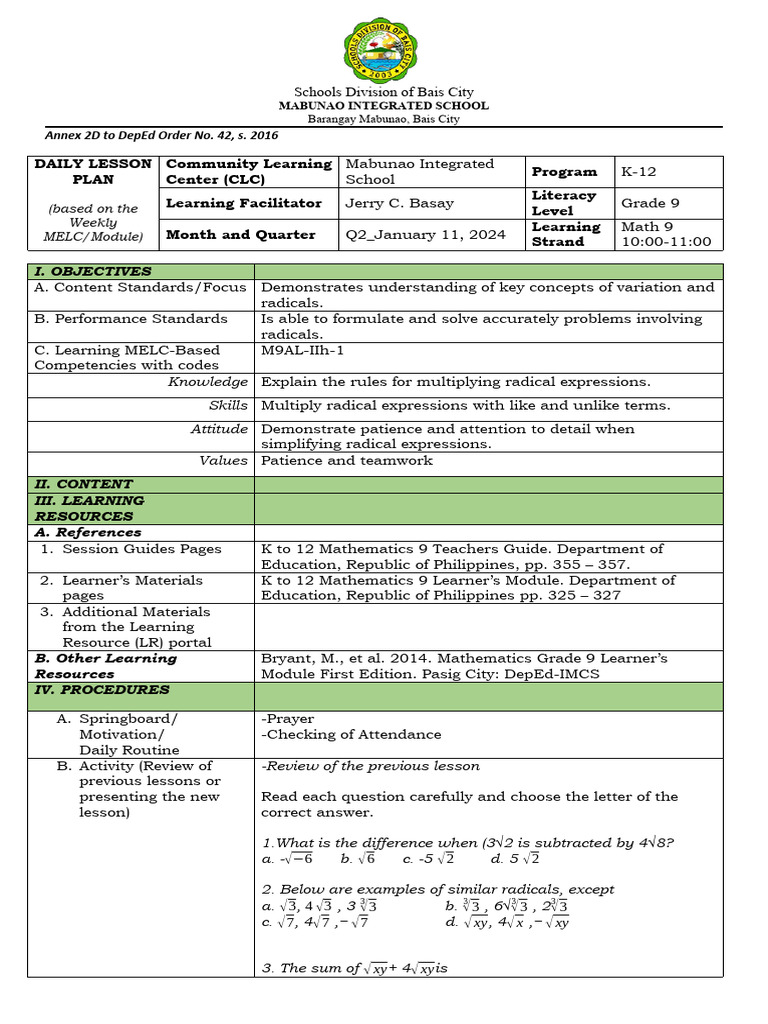 Lesson Plan - Grade 9 (Multiplication of Radical Expressions) | PDF
