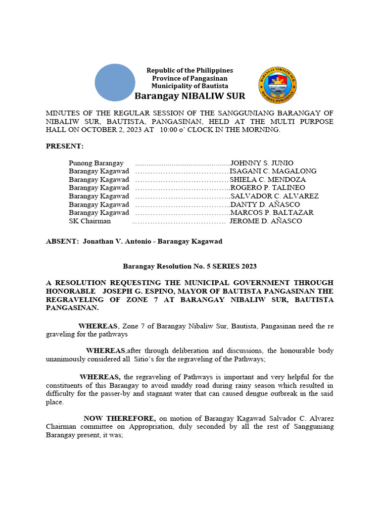 Barangay Resolution for Pathway Regraveling | PDF | Government