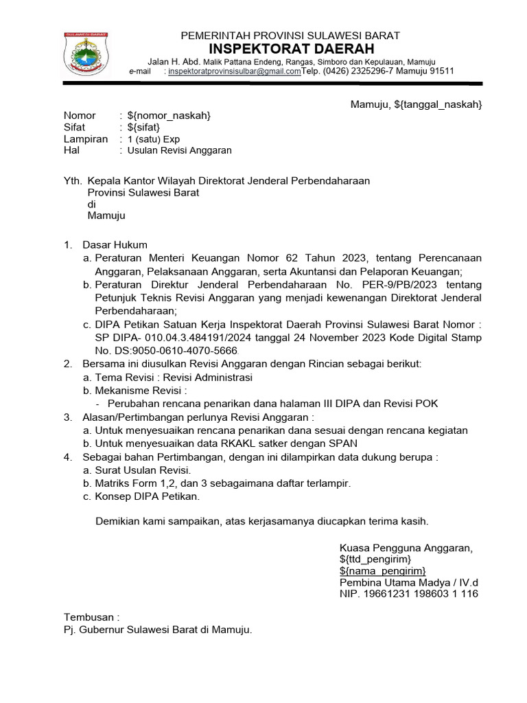 Surat Usulan Revisi DIPA | PDF | Pengelolaan Keuangan & Uang