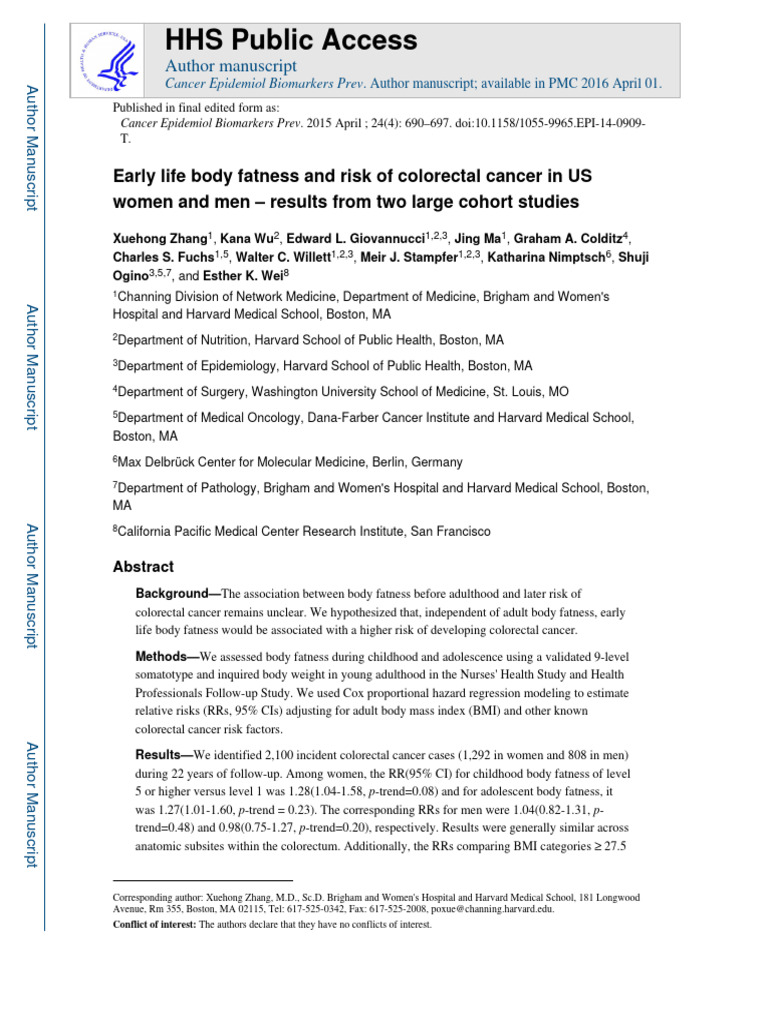 Early Life Body Fatness and Risk of Colon Cancer | PDF | Relative Risk ...