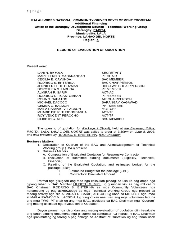 PACITA Record of Evaluation of Quotation for Works | PDF