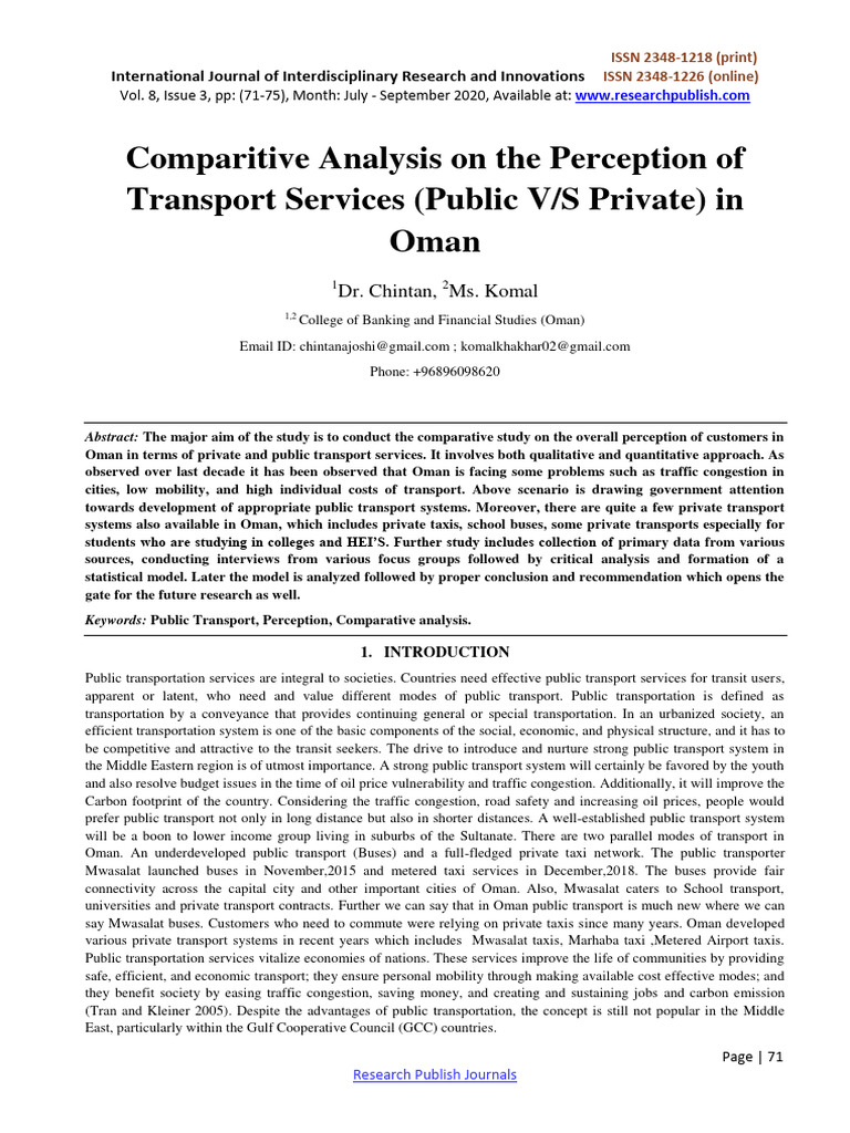 Comparitive Analysis On The Perception of Transport Services (Public V/S Private) in Oman | PDF
