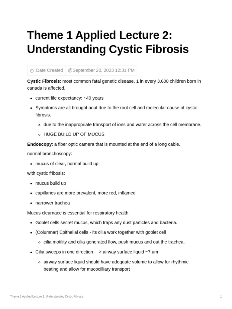 Theme 1 Applied Lecture 2: Understanding Cystic Fibrosis: Date Created | PDF | Wellness ...