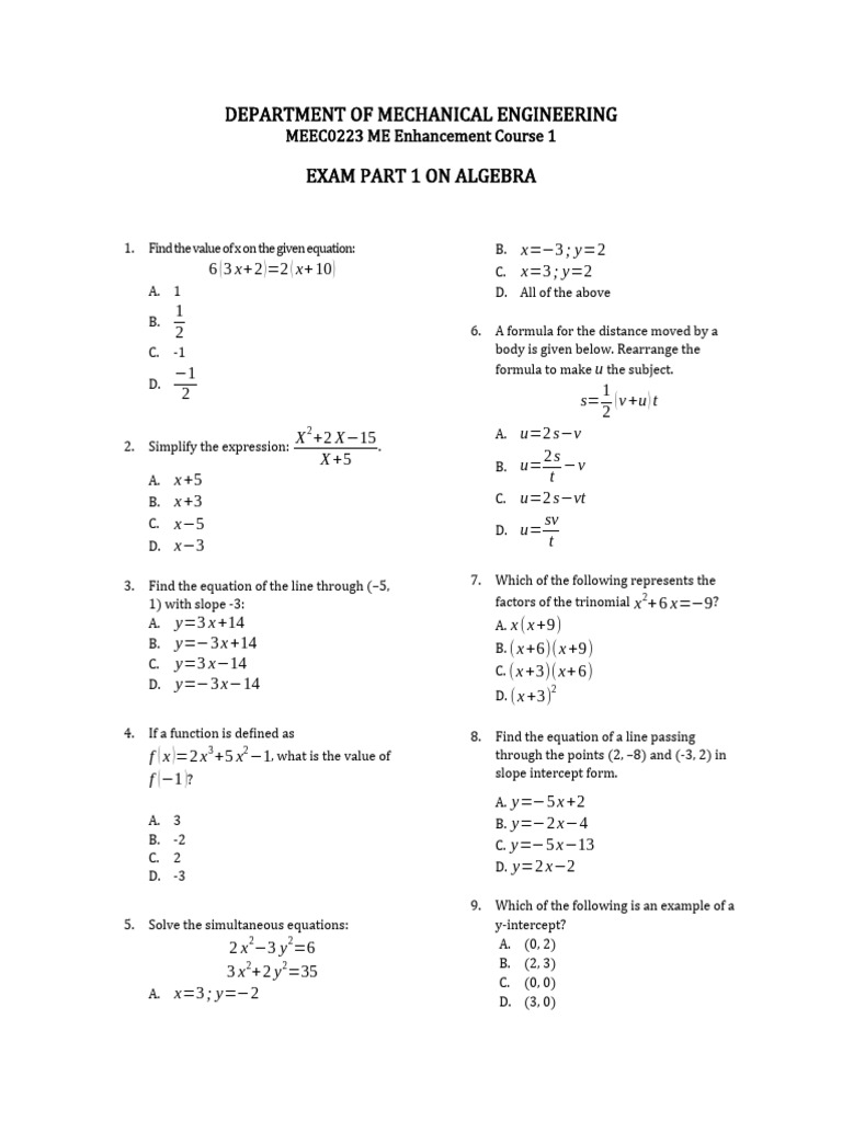 Exam Part 1-On-Algebra-1&3 | PDF | Equations | Slope