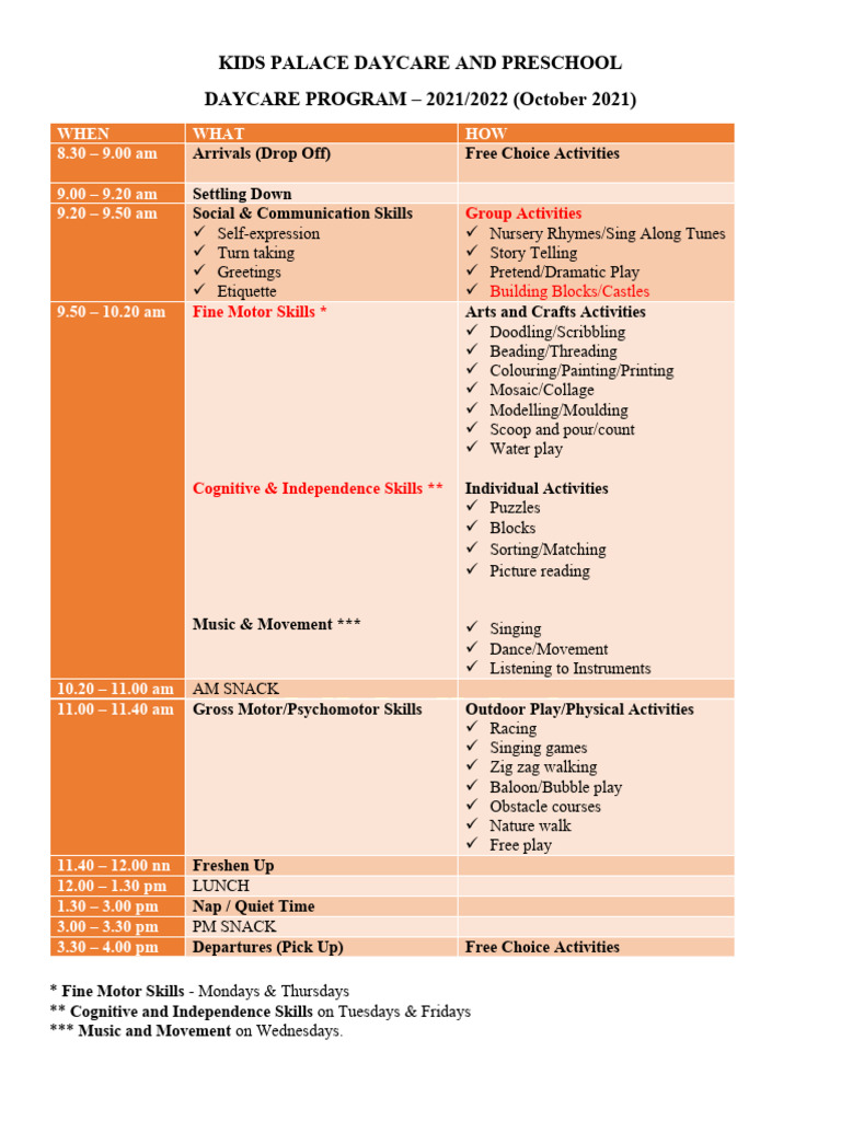 Kids Palace Daycare Program - October 2021 | PDF