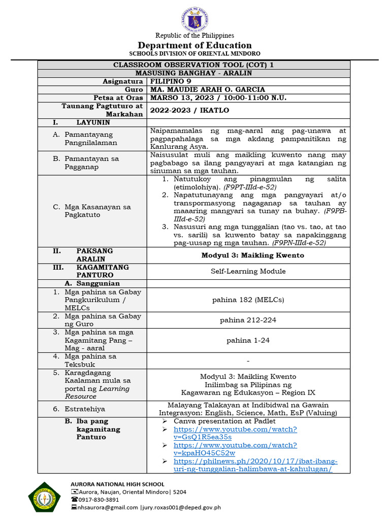 Cot 1 2022-2023 Filipino 9 LP | PDF