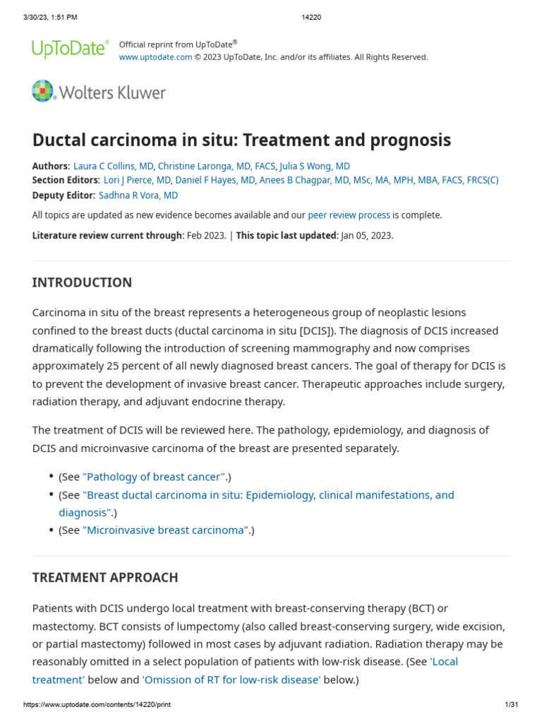 Ductal Carcinoma in Situ: Treatment and Prognosis | PDF
