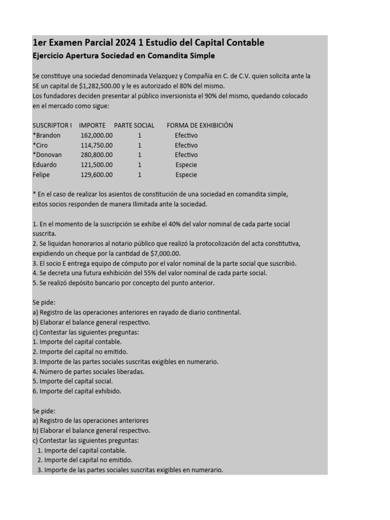 1er Examen Parcial 2024 1 Estudio Del Capital Contable | PDF