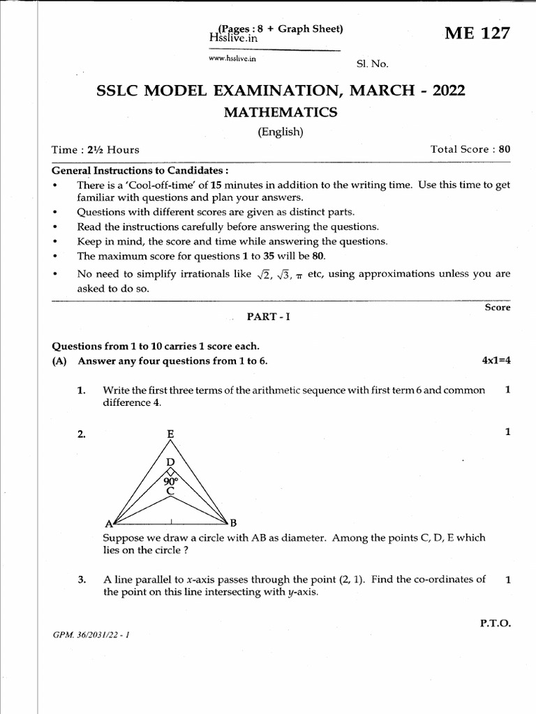 Hsslive Sslc Model Exam 2022 Maths Qp | PDF