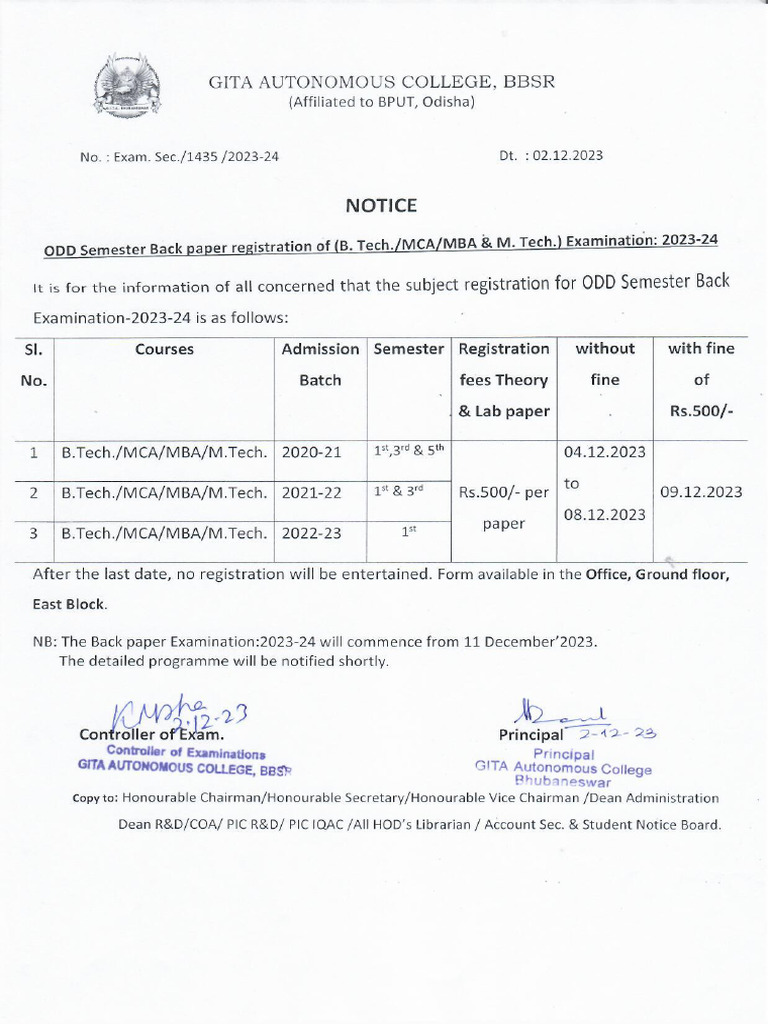 Odd Semester Backpaper Registration | PDF