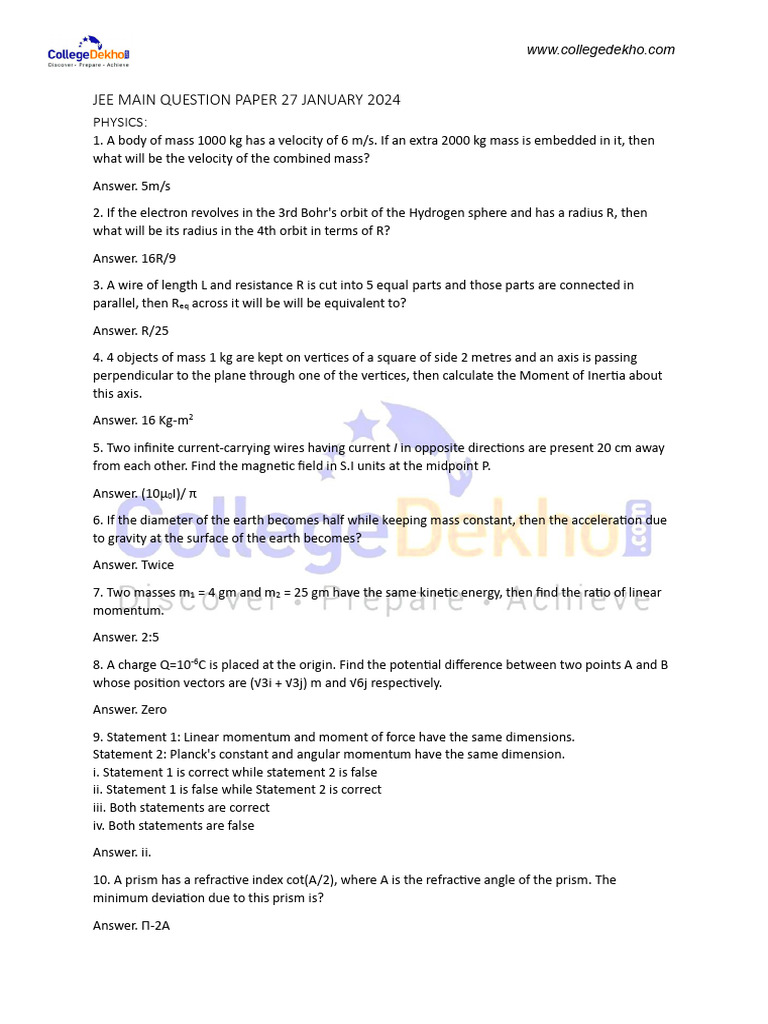 Jee Main 17 January Shift 1 Answer Key Physics LWyhKNz | PDF | Rotation Around A Fixed Axis | Mass